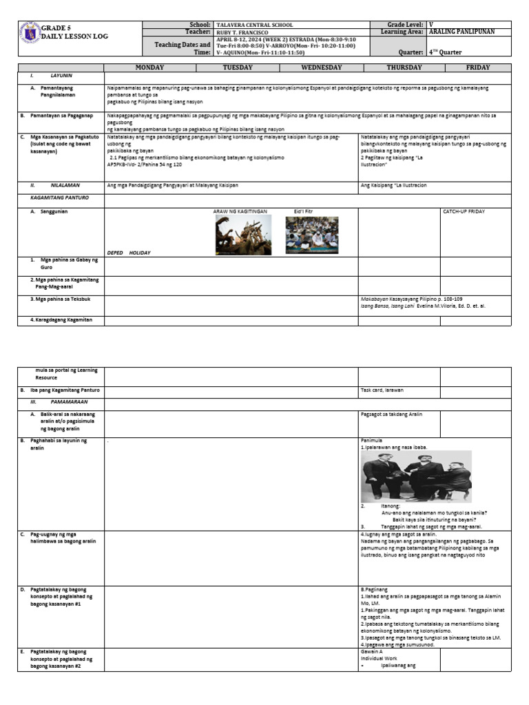 Grade 5 DLL Araling Panlipunan 5 Q4 Week 2 | PDF
