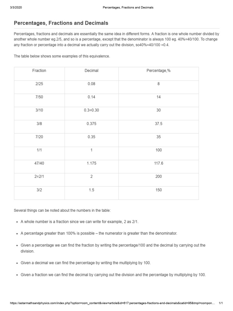 Percentages, Fractions and Decimals | PDF