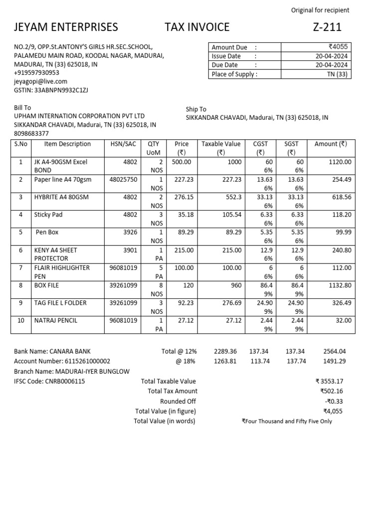 Jeyam Enterprises Tax Invoice April'24 | PDF | Payments | Public Finance