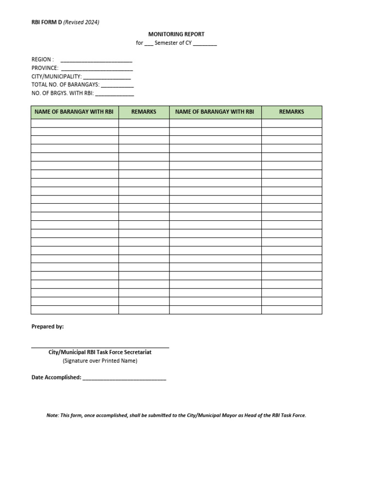 RBI FORM D Monitoring Form - Revised 2024 | PDF