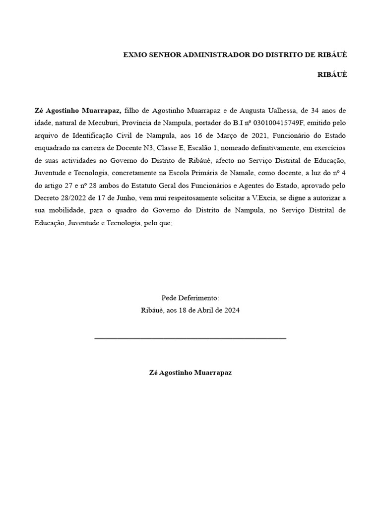 Exmo Senhor Administrador Do Distrito de Ribáué | PDF
