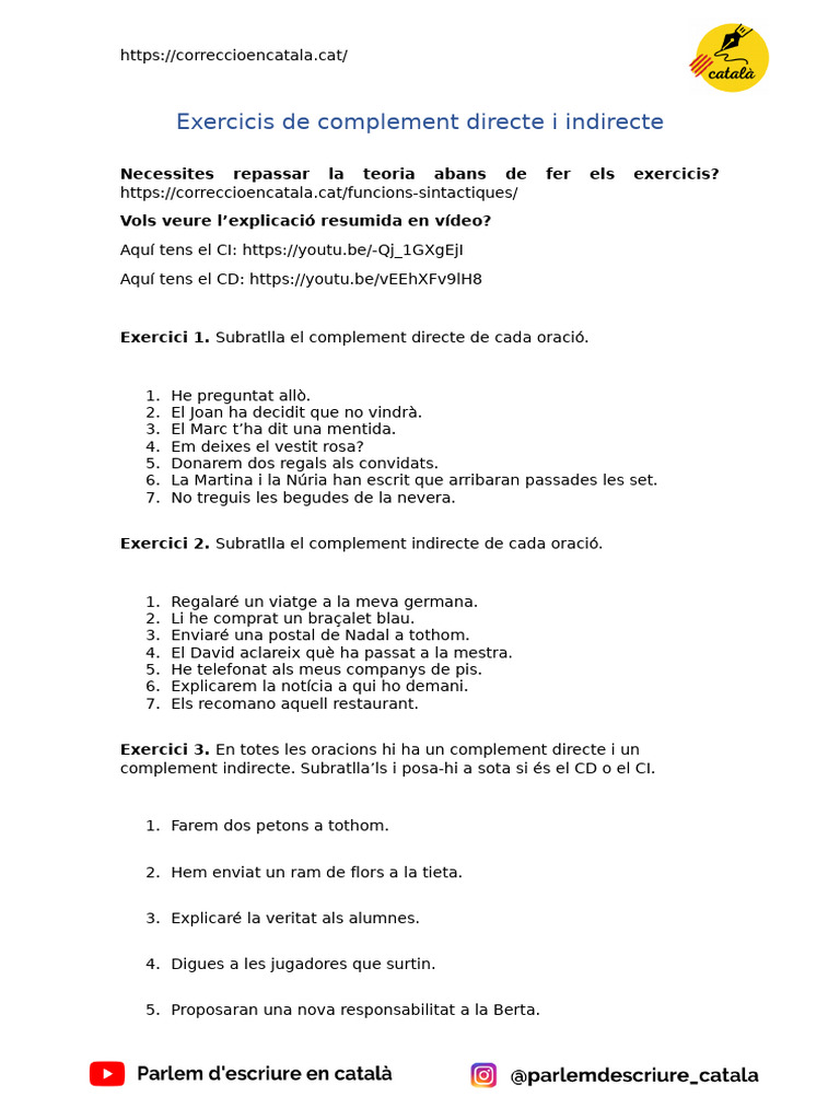 Exercicis de Complement Directe I Indirecte | PDF