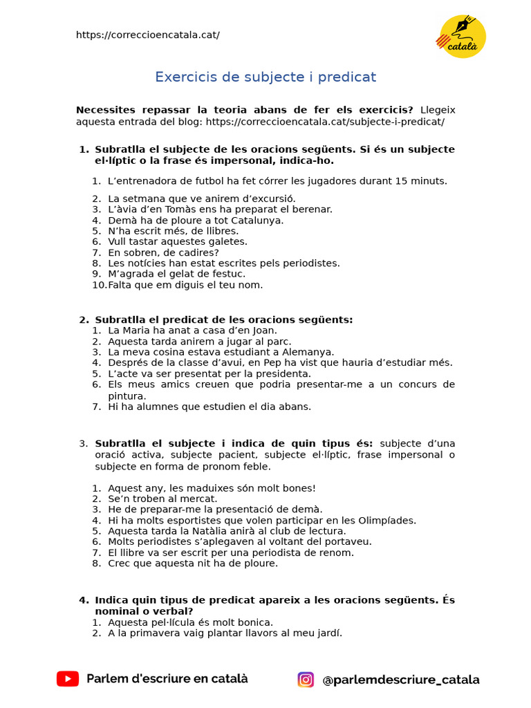 Exercicis de Subjecte I Predicat PDF | PDF