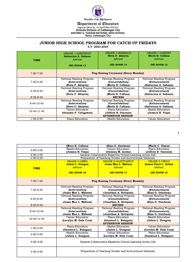 JHS Program For Catch Up Fridays - V3 | PDF | Behavior Modification
