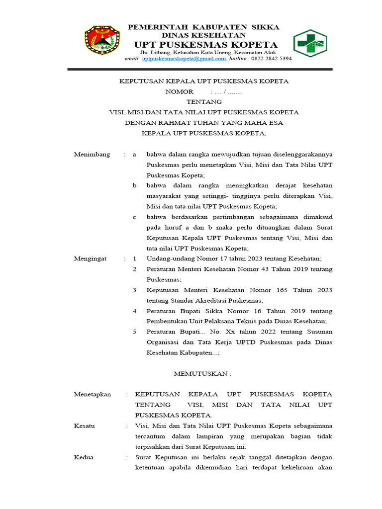 SK Visi Misi Dan Tata Nilai Upt Puskesmas Kopeta | PDF