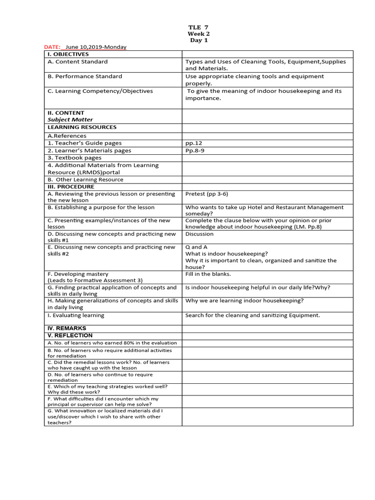Daily Lesson Log Tle 7 Household Services | PDF | Learning | Teachers