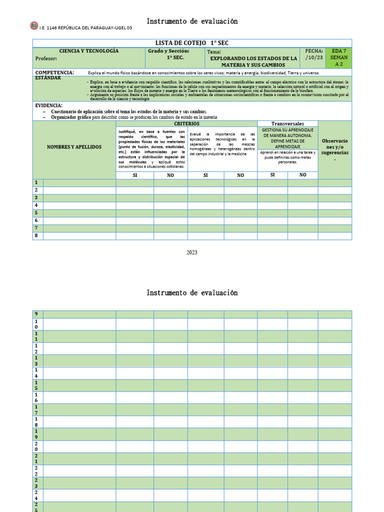 INSTRUMENTO 1° Semana 2 Explica EDA 7 Lista de Cotejo | PDF | Importar | Science