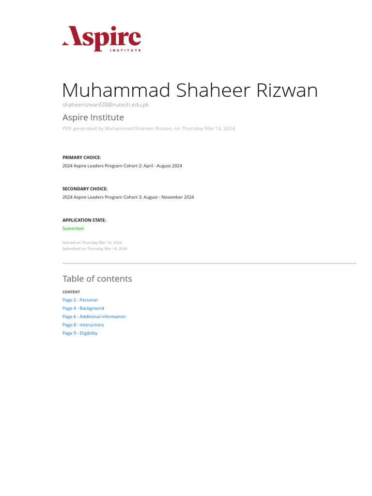 Muhammad Shaheer Rizwan Aspire Institute Application | PDF