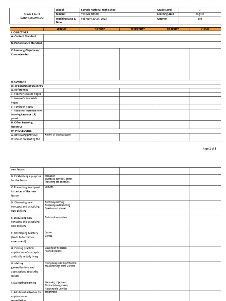 English Format Daily Lesson Plan (1) | PDF | Learning | Teachers