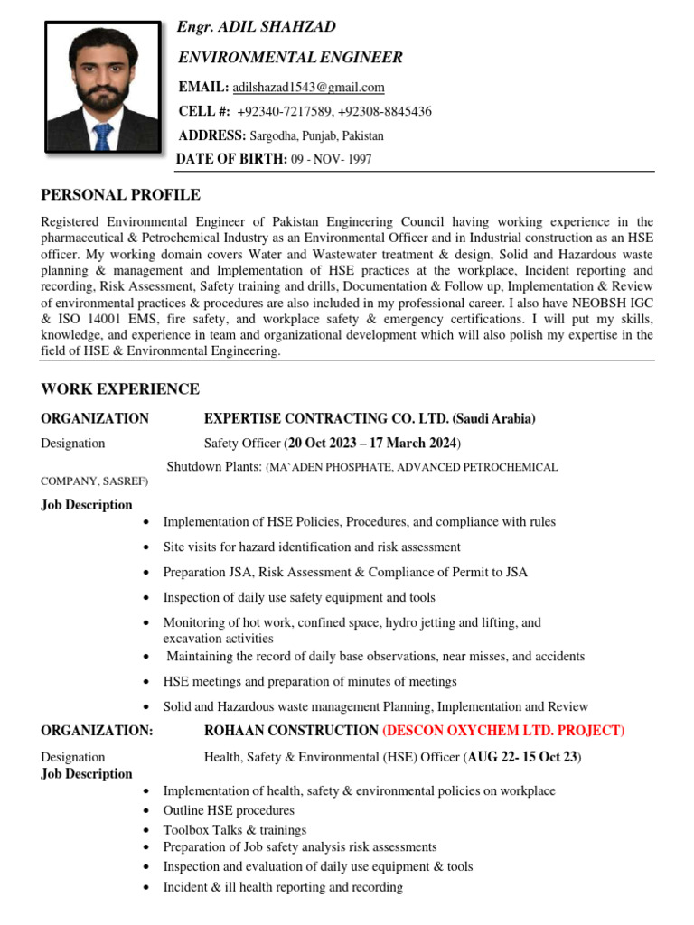 Engr. Adil Shahzad (CV & Documents) | PDF | Occupational Safety And Health | Risk Assessment