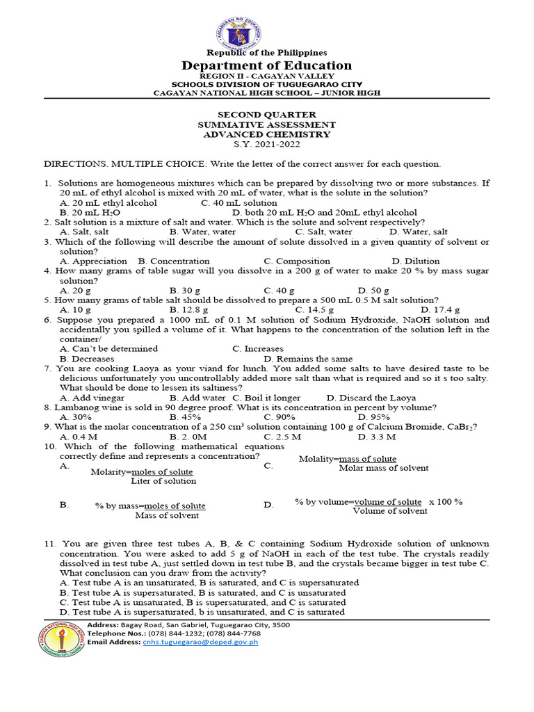Advanced Chemistry 2ND Quarter | PDF | Concentration | Solubility