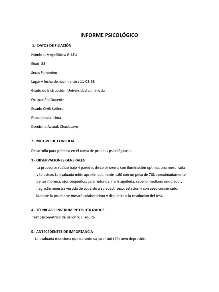 Formato Informe Psicológico | PDF