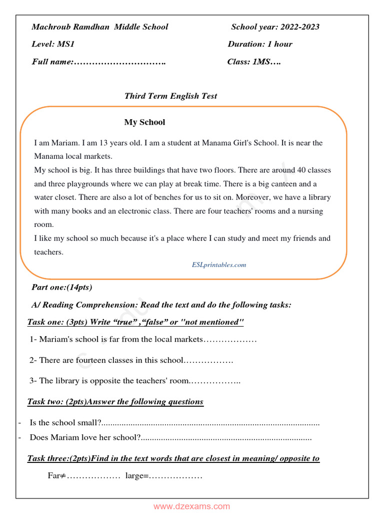 Middle School English Test 2022-2023 | PDF | Human Communication ...