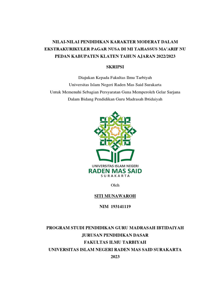 Nilai-Nilai Pendidikan Karakter Moderat Dalam Ekstrakurikuler Pagar Nusa Di Mi Tahassus Ma'Arif ...