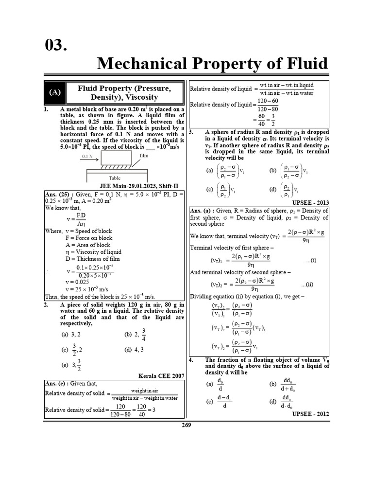 Fluid Mechanics: Key Concepts & Problems | PDF | Viscosity | Liquids