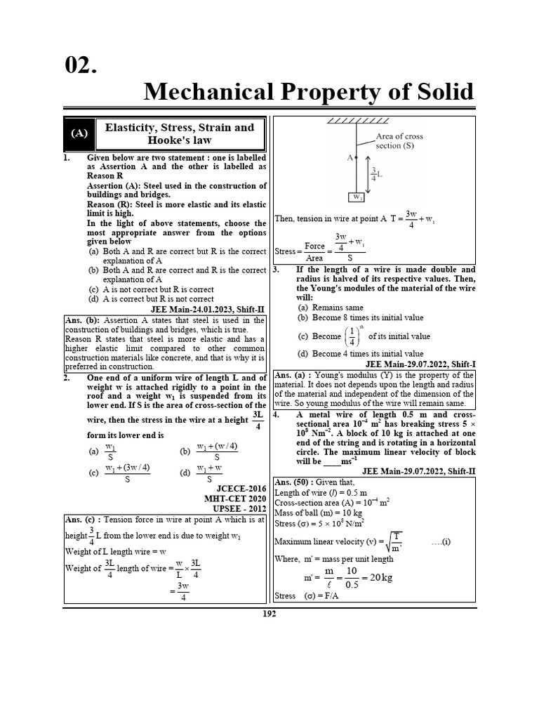 YCT Mechanical Properties of Solids NEET JEE Questions Practice | PDF | Elasticity (Physics ...