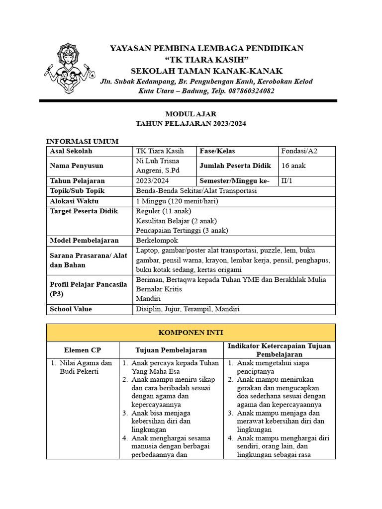 1 Modul Ajar Benda Benda Sekitar Alat Transportasi Pdf