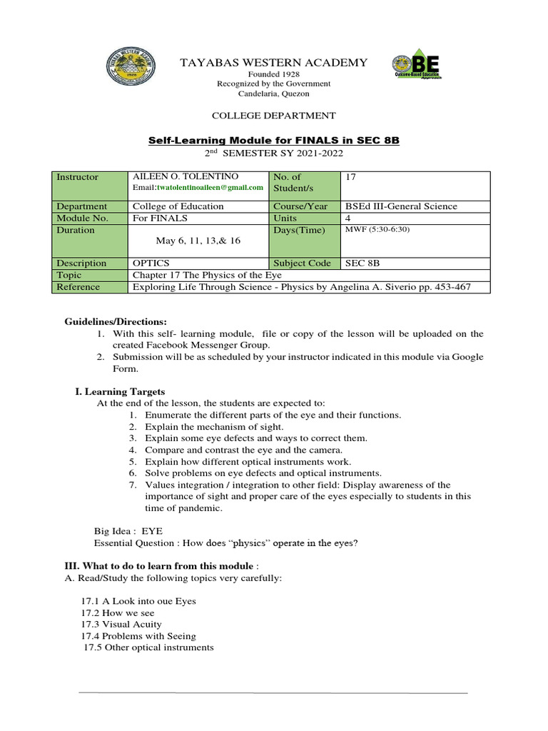 SEC 8B Module For Finals | PDF | Optics | Physics