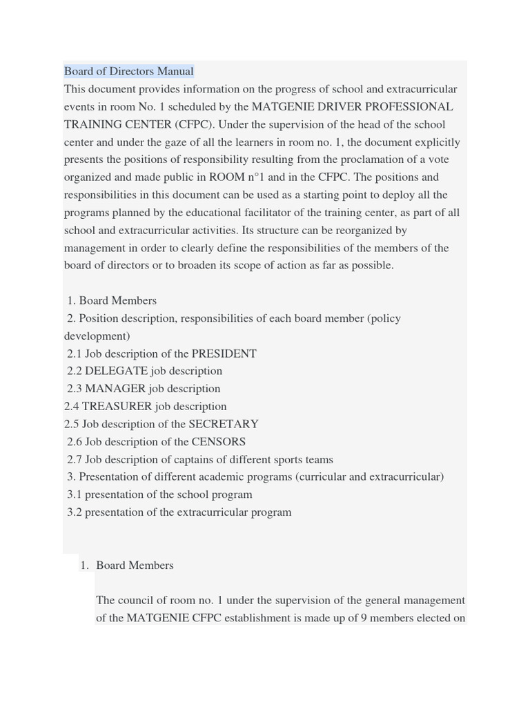 Board of Directors Responsibilities Manual | PDF | Board Of Directors ...