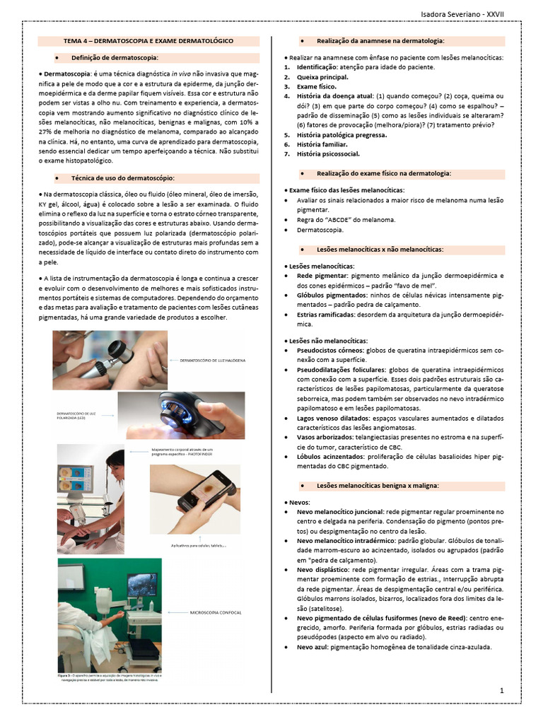 Tema 4 Dermatoscopia E Exame Dermatológico Pdf Melanoma