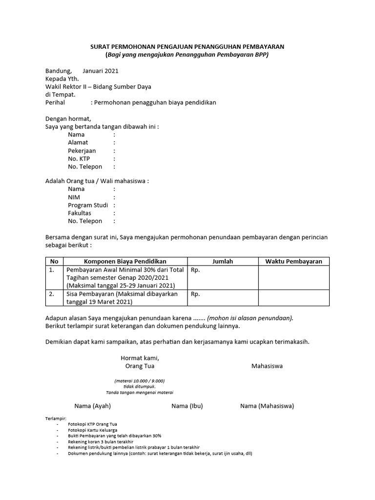 Draft Template Permohonan Penangguhan Biaya Pendidikan MALA | PDF