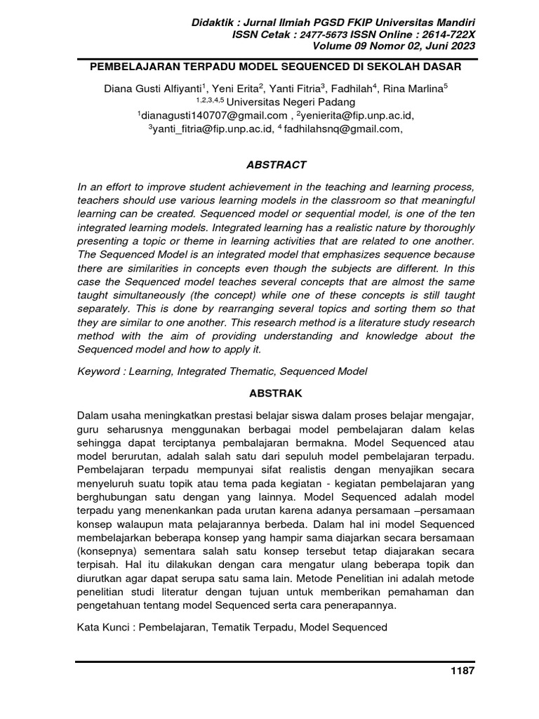 Pembelajaran Terpadu Model Sequenced Di Sekolah Dasar | PDF