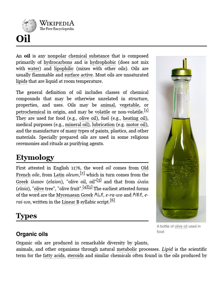 Oil - Wikipedia | PDF | Oil | Chemical Substances