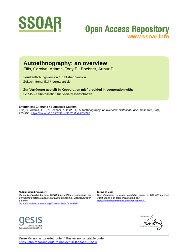 Ssoar-Hsr-2011-4-Ellis Et Al-Autoethnography An Overview | PDF ...