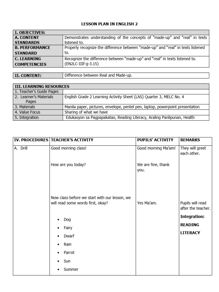 Lesson Plan in English 2 Demo | Download Free PDF | Lesson Plan | Learning