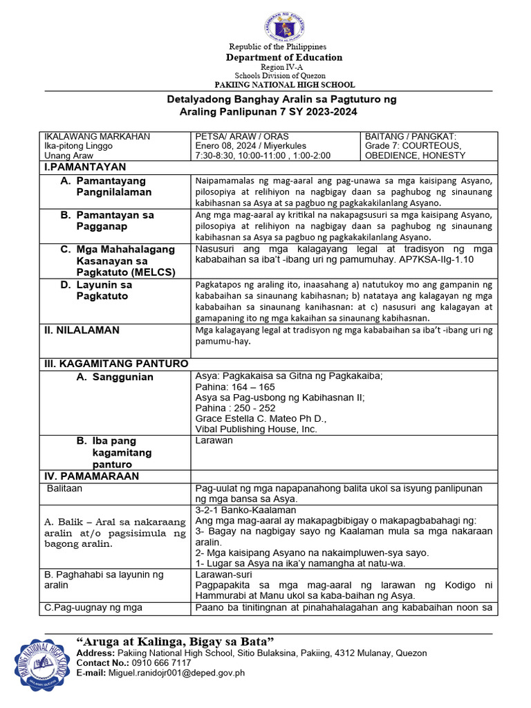 AP 7 LESSON PLAN 2ND QUARTER - week 7 day 1 | PDF