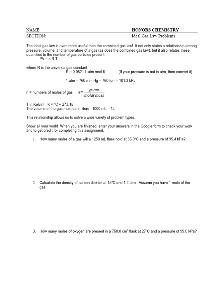 Ideal Gas Law Problems 2020 | PDF | Science & Mathematics