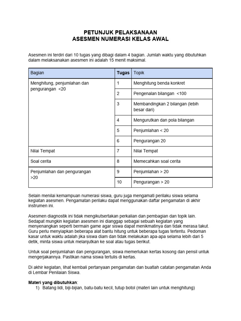 Asesmen Numerasi Kelas Awal: Panduan Lengkap | PDF | Karier ...