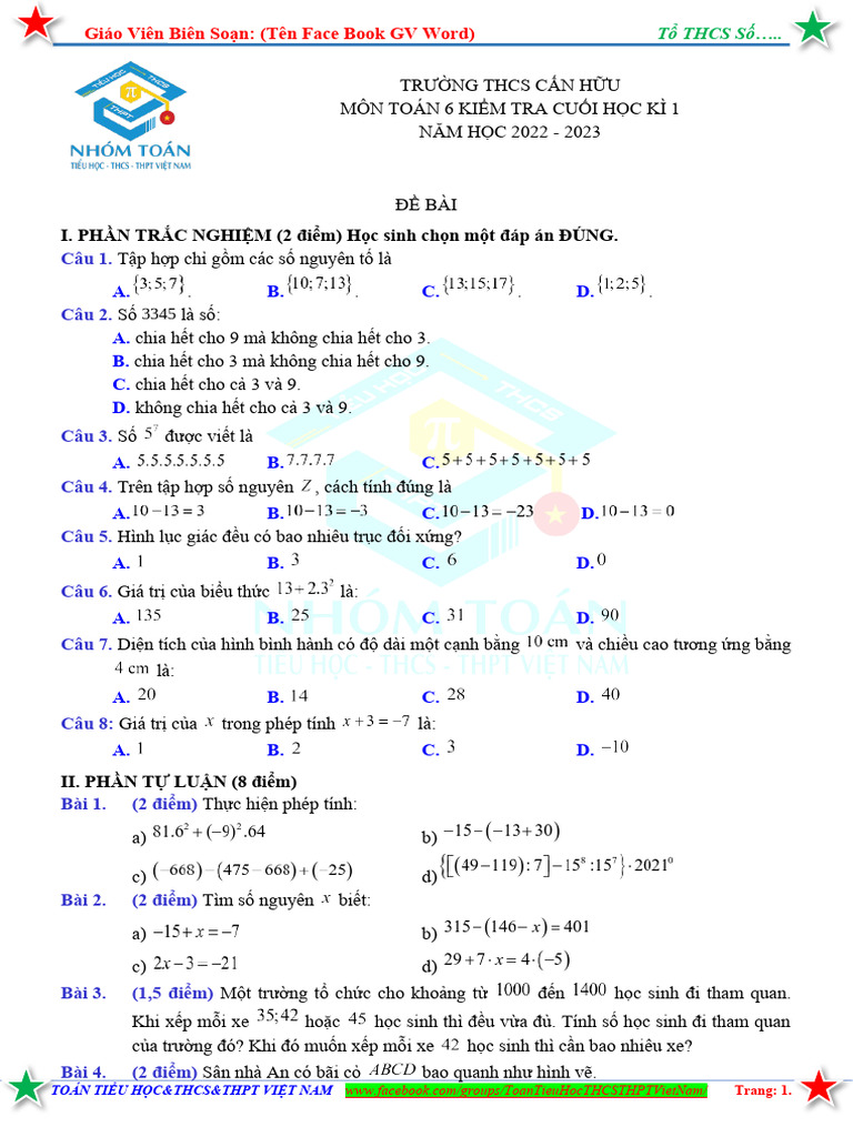 16.DA 20.2024 ĐỀ SỐ 11 HKI TOÁN 6 2022 2023 THCS CẤN HỮU QUỐC OAI TOÁN THCS VN | PDF