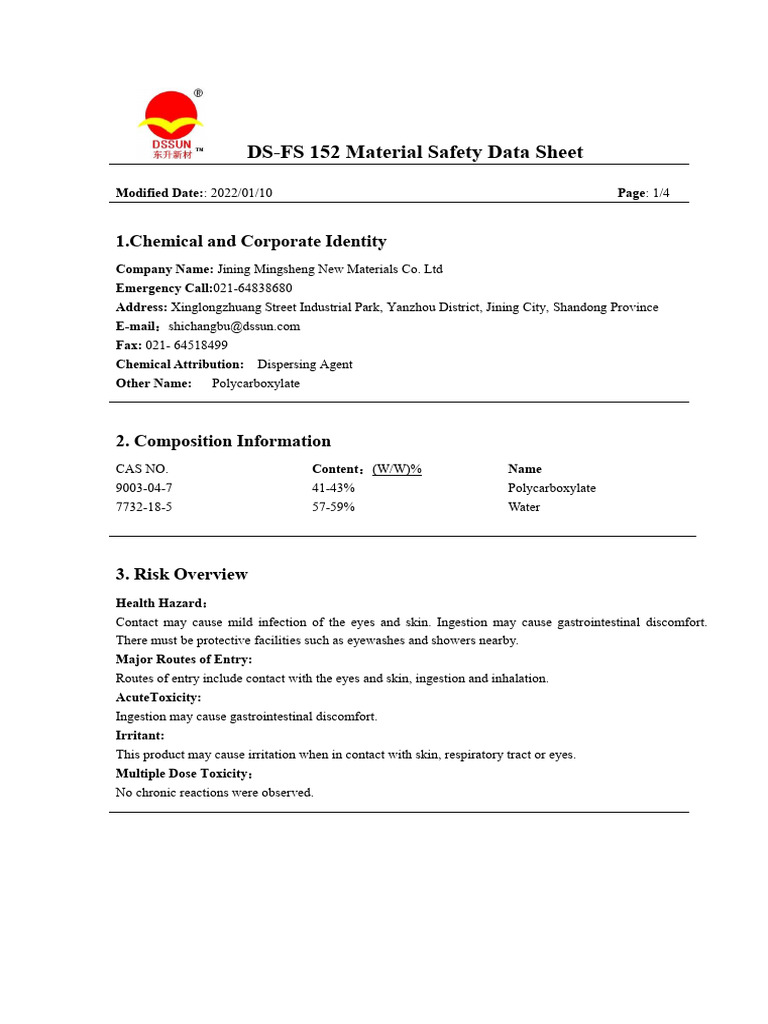 4, Dispersant For Coating DS-FS152-MSDS | PDF | Firefighting | Combustion