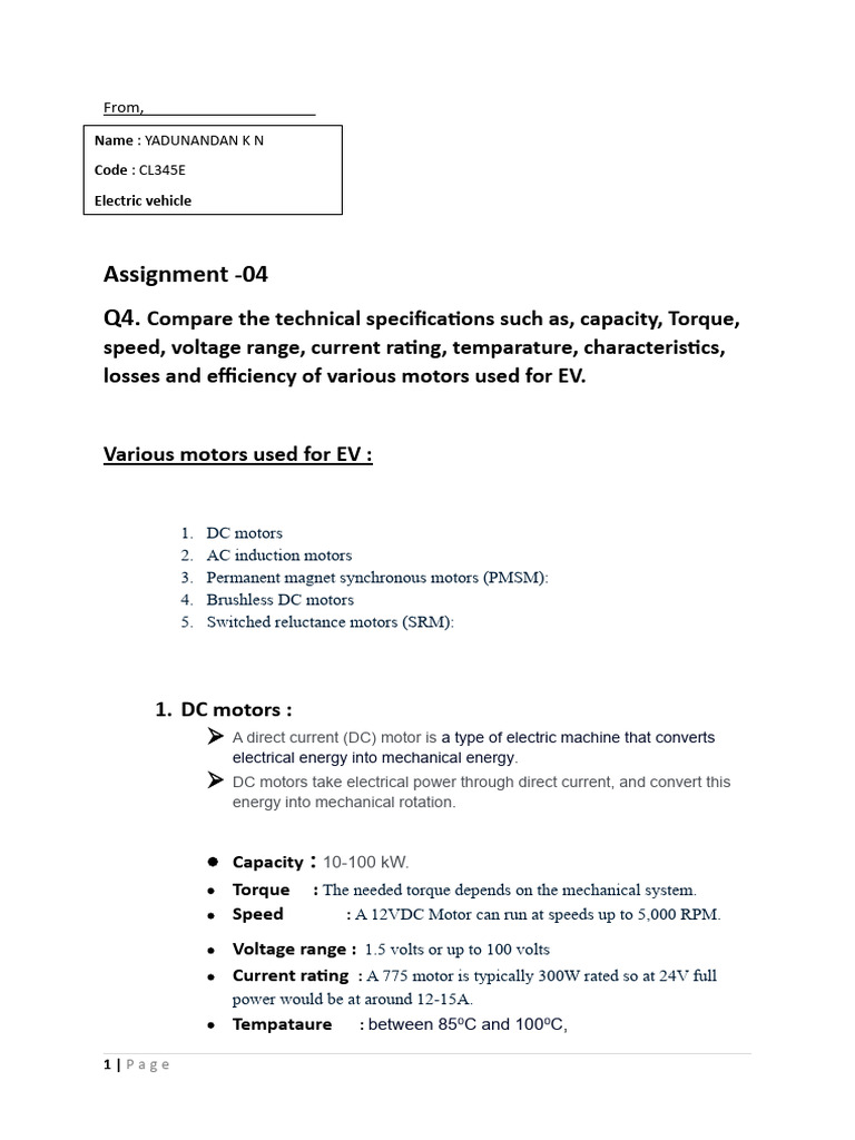 EV Assignment q4 | PDF | Electric Motor | Electrodynamics