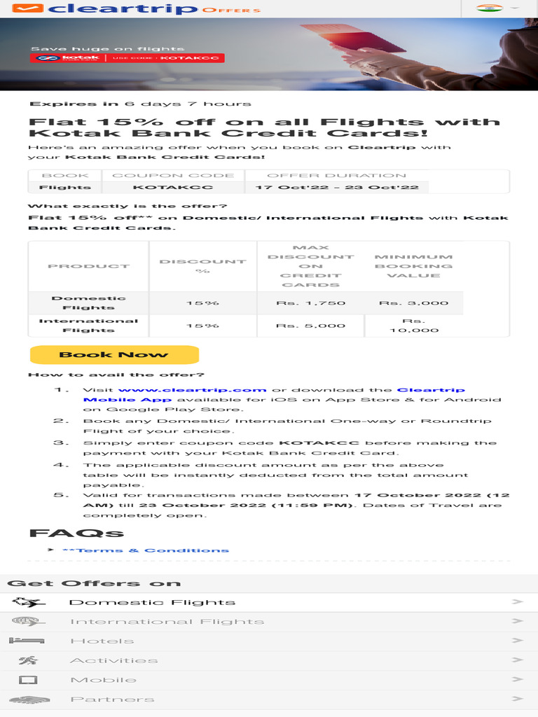 Kotak Cardholders: 15% Off Flights | PDF | Finance & Money Management