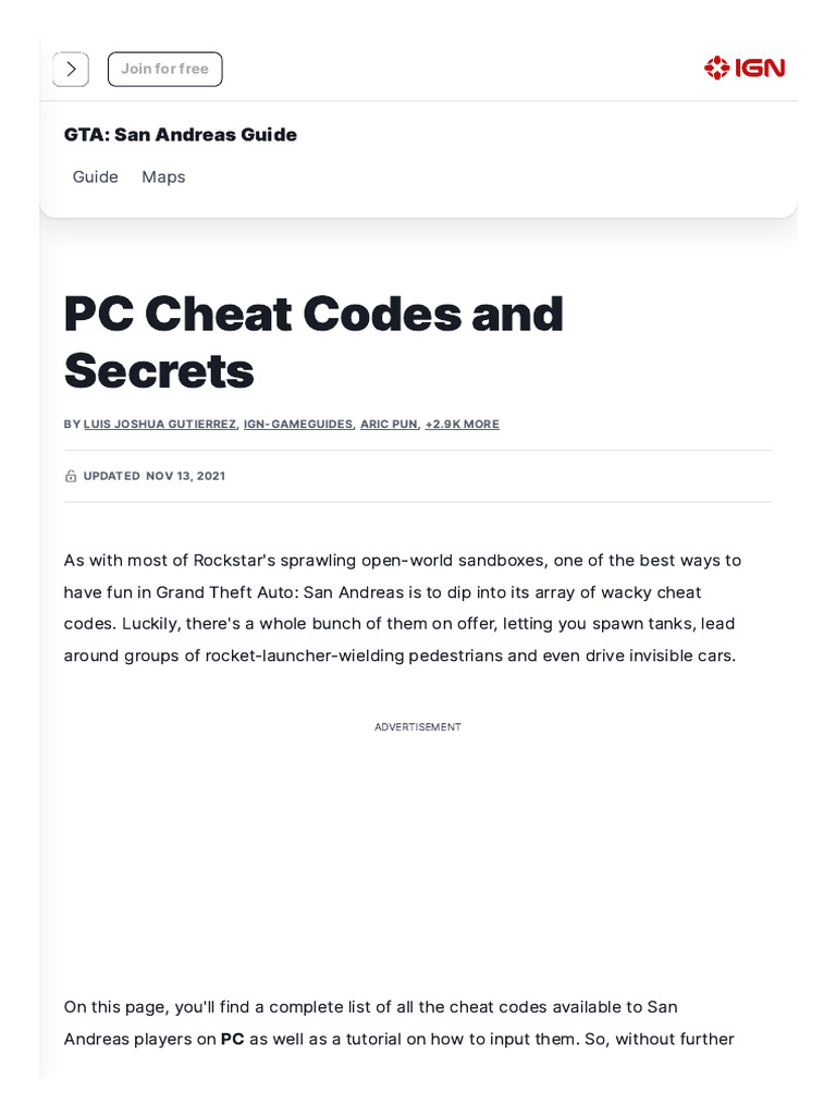 PC Cheat Codes and Secrets - GTA - San Andreas Guide - IGN | PDF | Traffic