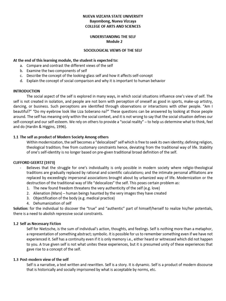 Module 2 Sociology | PDF | Self Concept | Cognition