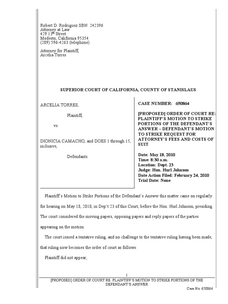 (Proposed) Order of Court Re Plaintiff's Motion To Strike Portions of ...