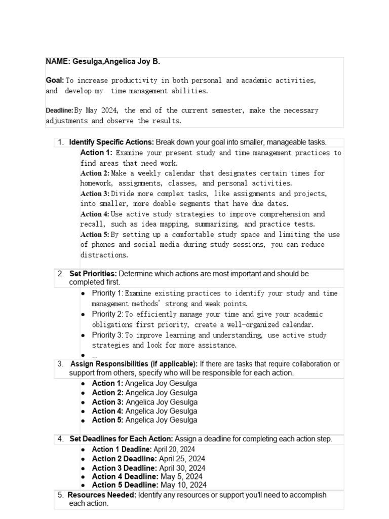 Time Management Plan for Academic Success | PDF | Reading Comprehension ...