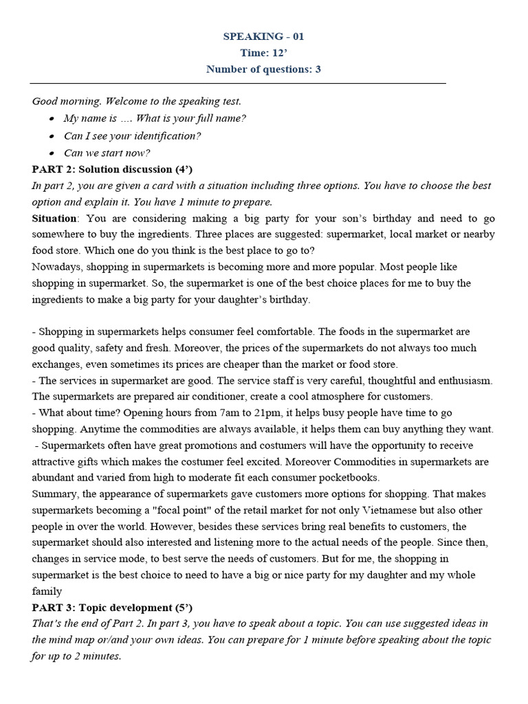 speaking test 1_teacher | PDF | Supermarket | English Language