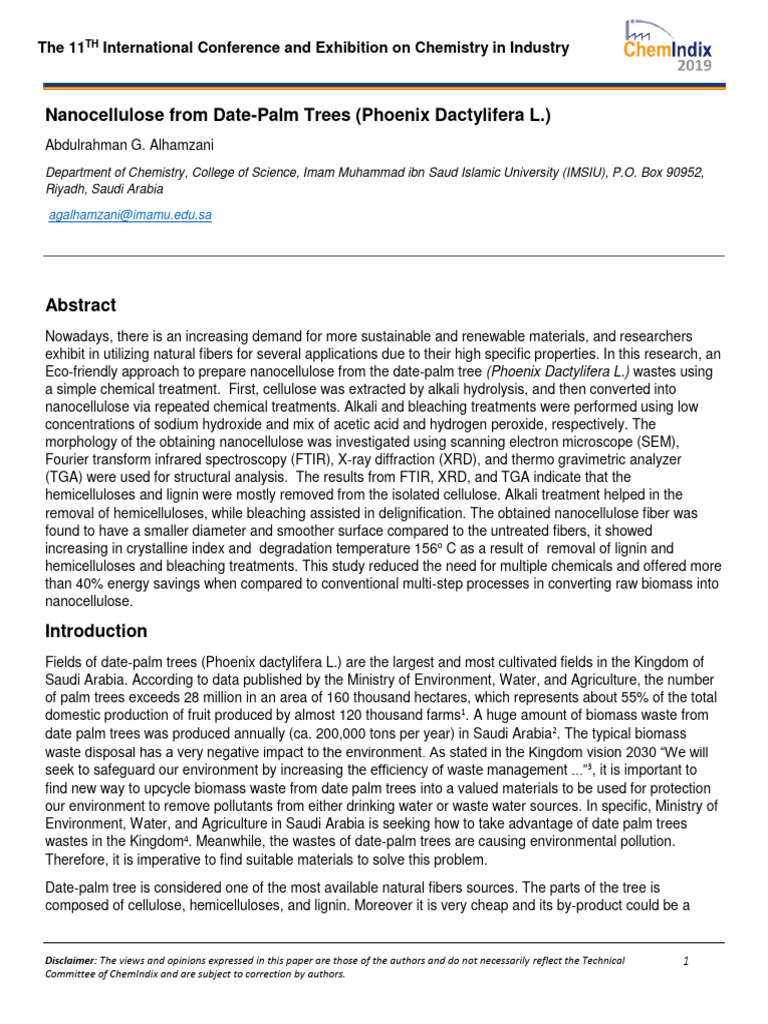 Chemindix. Nanocellulose From Date Palm Trees | PDF | X Ray Crystallography | Cellulose