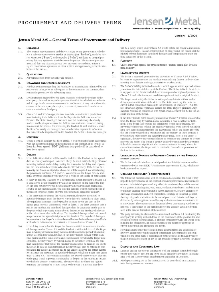 JMUK - General Terms of Procurement and Delivery - 1-2020 | PDF | Legal ...