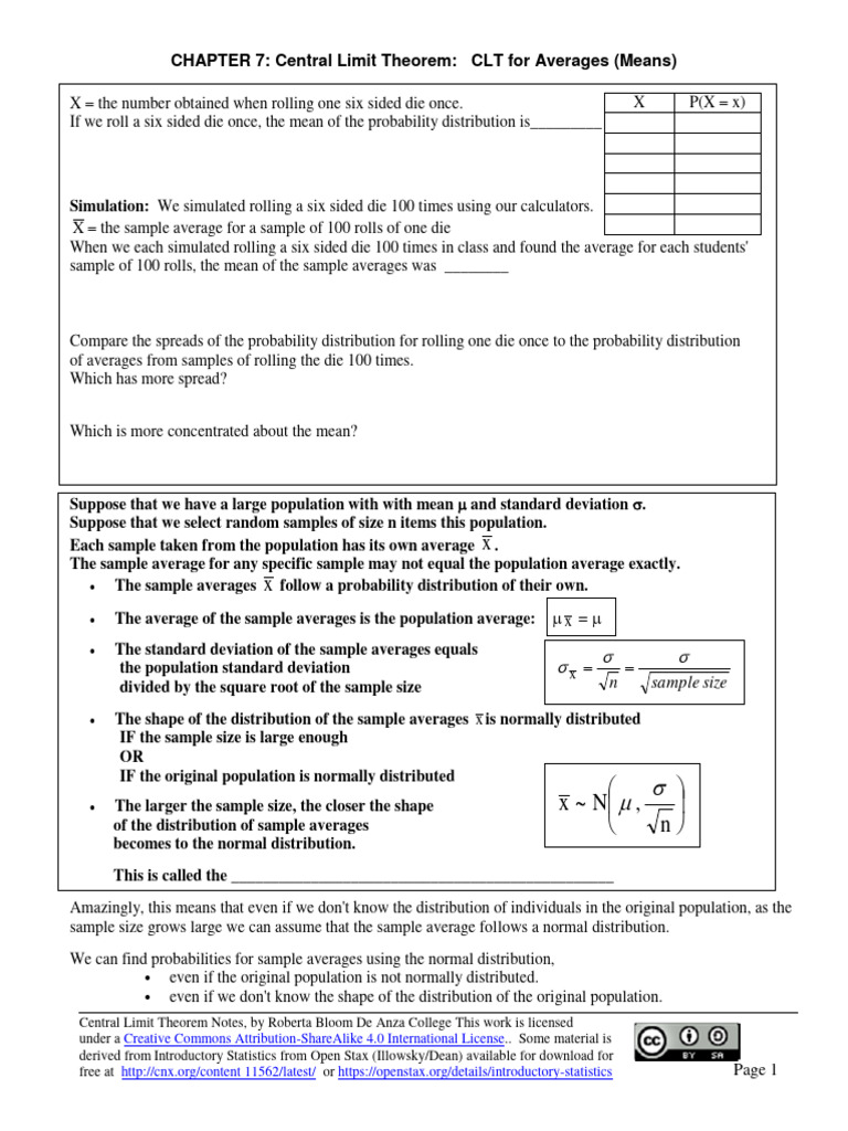 M10 - Ch7 - CLT - Notes 2019W | Download Free PDF | Normal Distribution ...