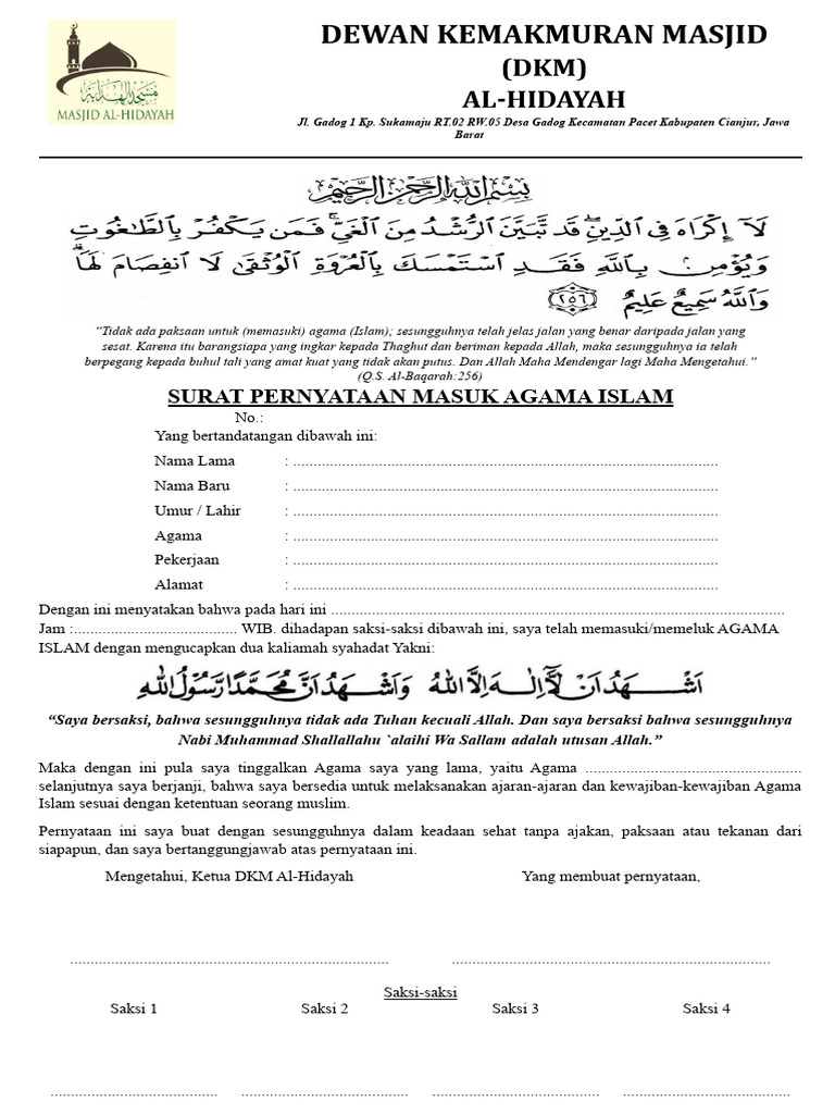 Surat Pernyataan Masuk Islam | PDF