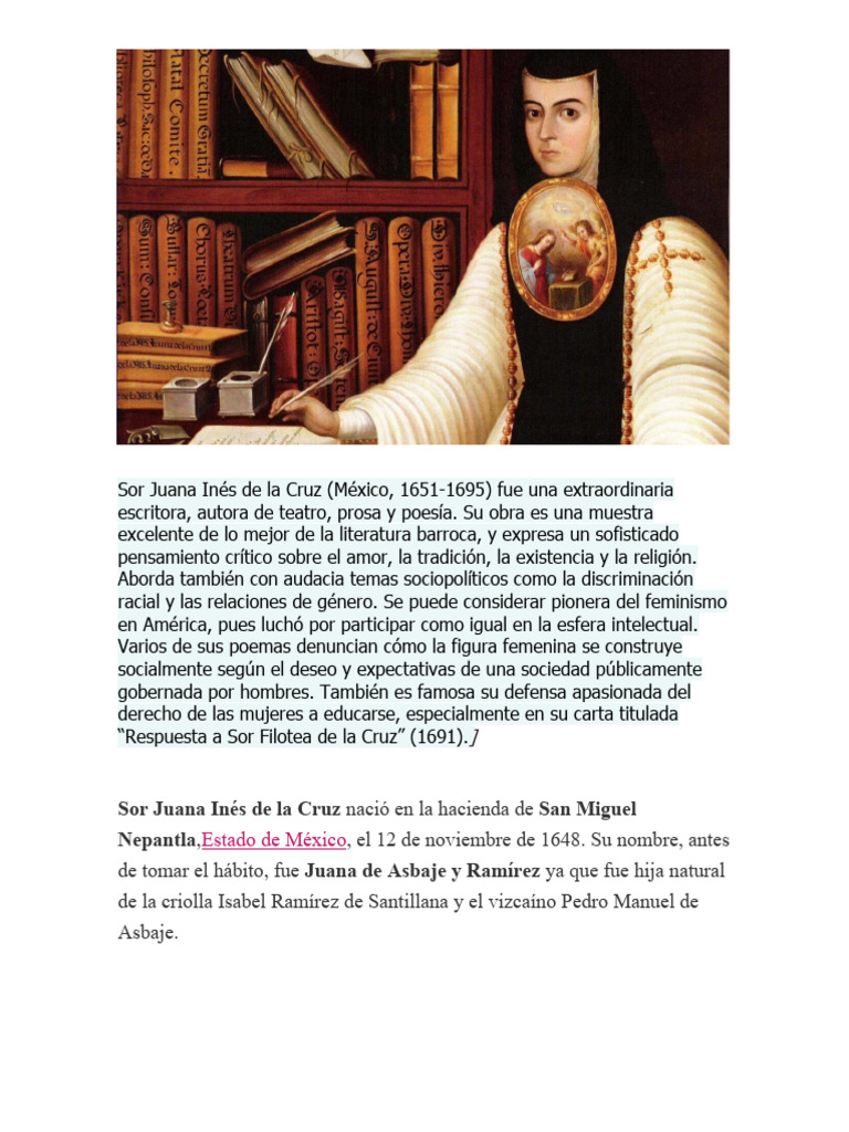 Biografía de Sor Juana Inés de la Cruz | PDF