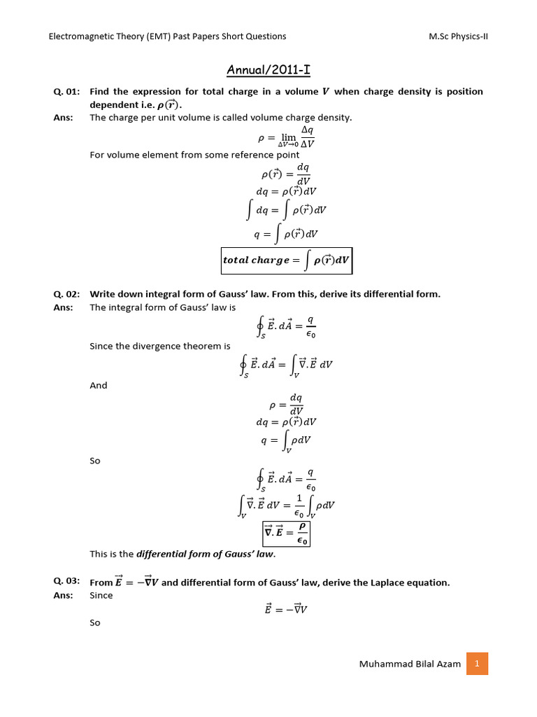 EMT Past Papers: Short Questions M.Sc Physics | PDF | Magnetic Field ...