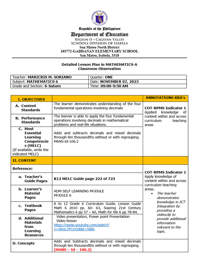 Grade 6 Math Lesson Plan: Decimals | PDF | Curriculum | Learning