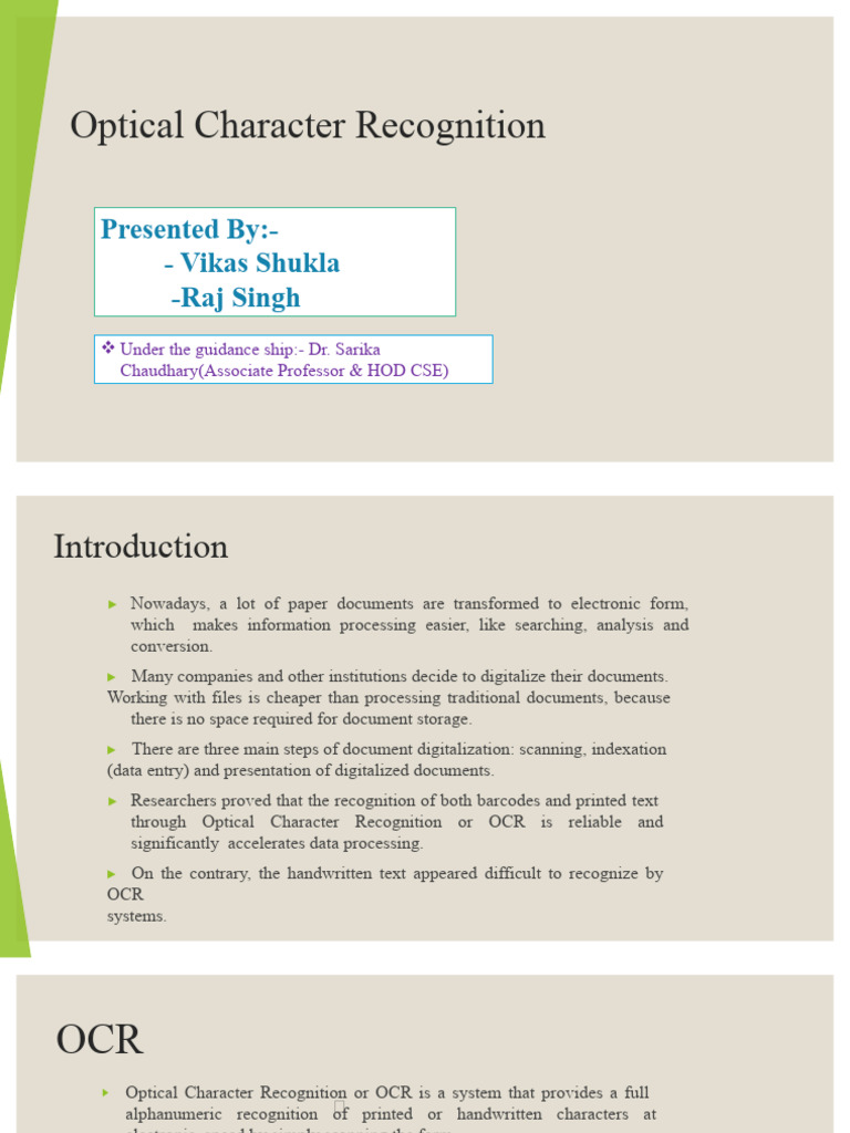 Optical Character Recognition: Presented By: - Vikas Shukla - Raj Singh | Download Free PDF ...