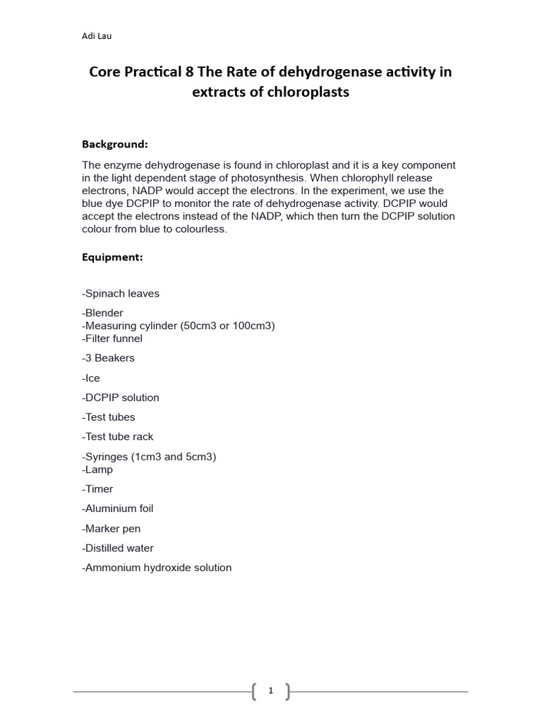 Core Practical 8 The Rate of Dehydrogenase Activity in Extracts of Chloroplasts | PDF ...